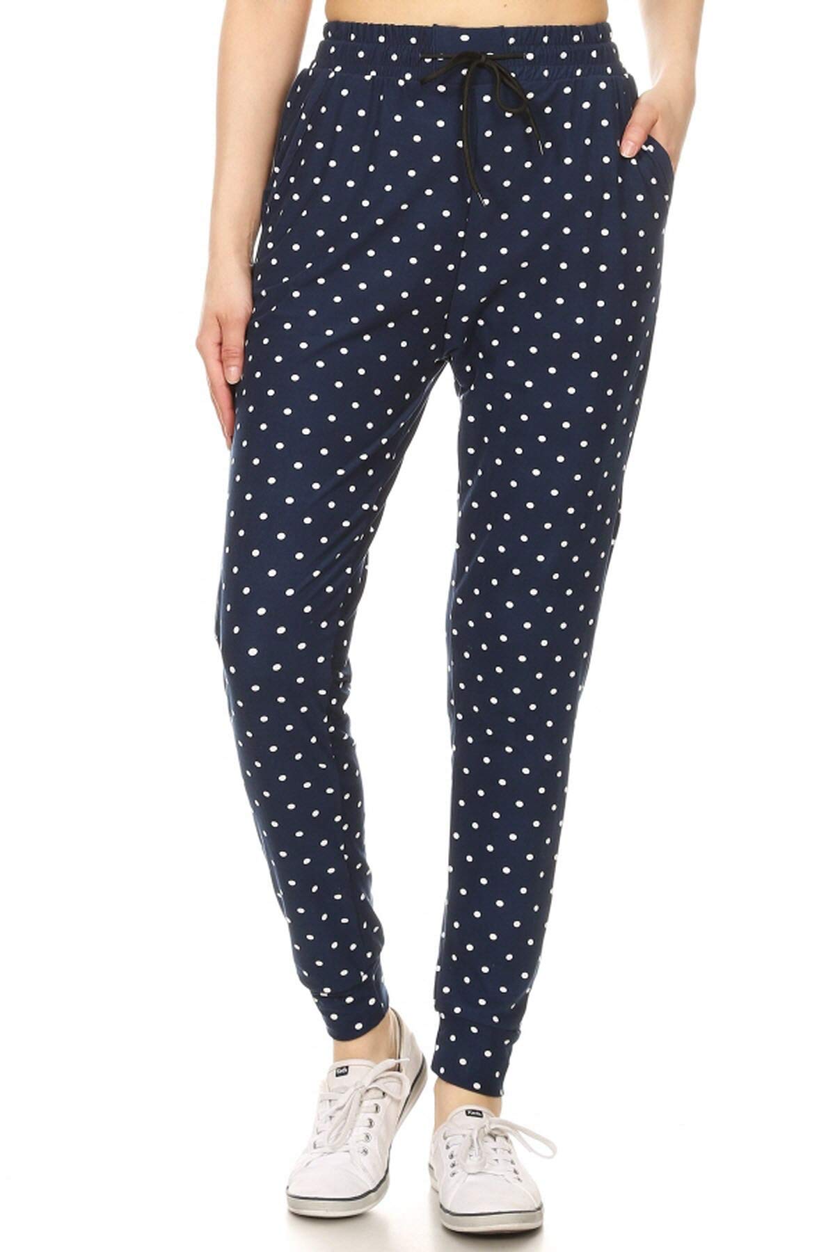 Leggings Depot JGA-R987-L Retro Polka Dots Printed Jogger Pants w/Pockets, Large