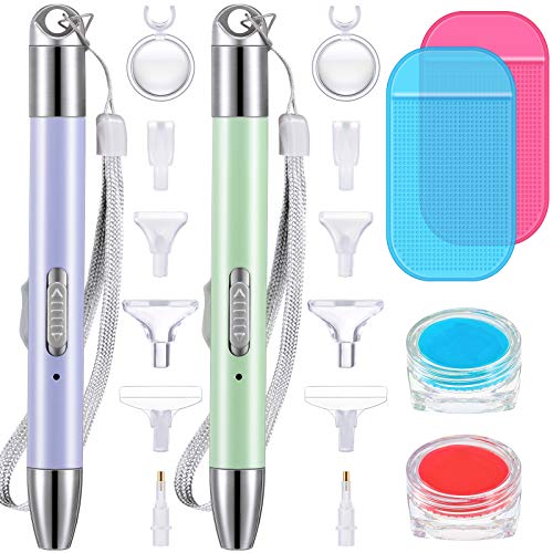 2 Pieces Diamond Painting Pen LED Drill Pens, Diamond Painting Accessories, 12 Replacement Pen Heads, 2 Anti-Slip Mats, 2 Wax Organizer Storage Cases for DIY Painting Craft Tools (Purple, Green)