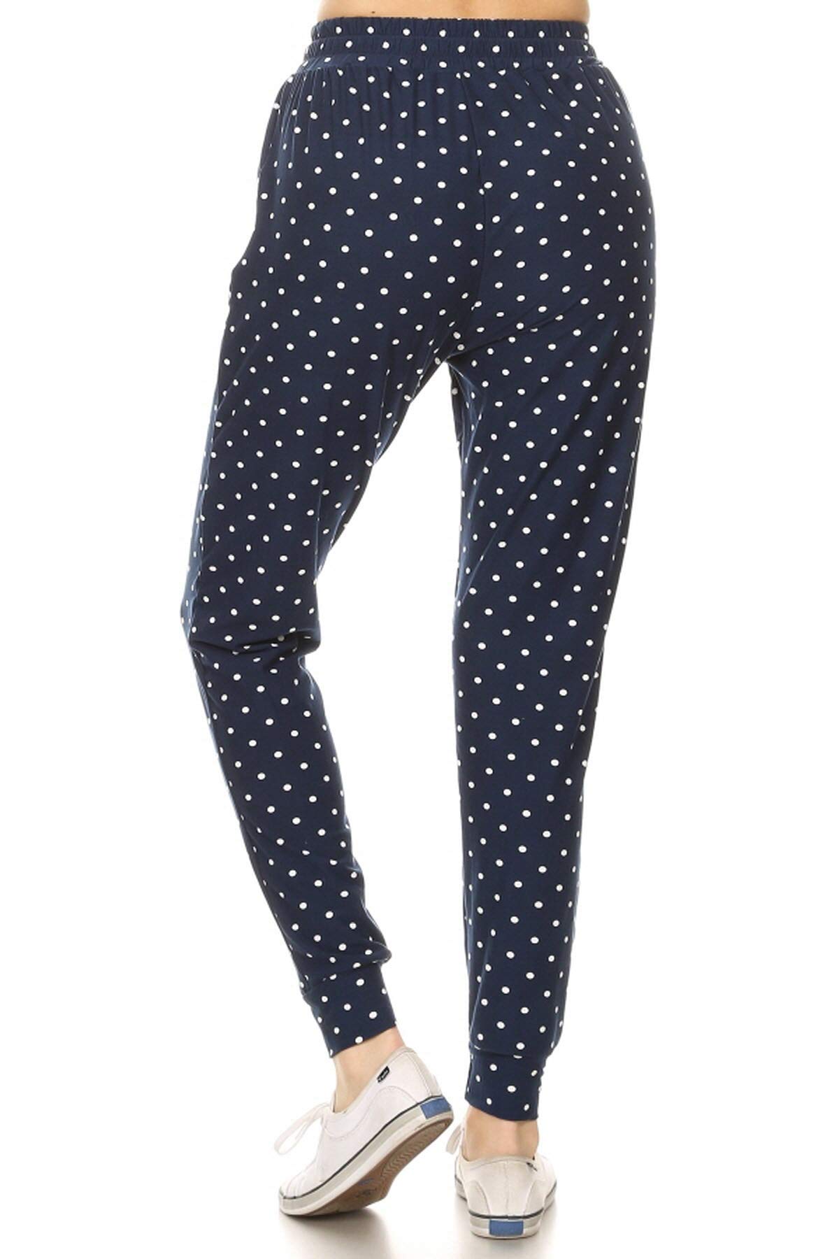 Leggings Depot JGA-R987-L Retro Polka Dots Printed Jogger Pants w/Pockets, Large