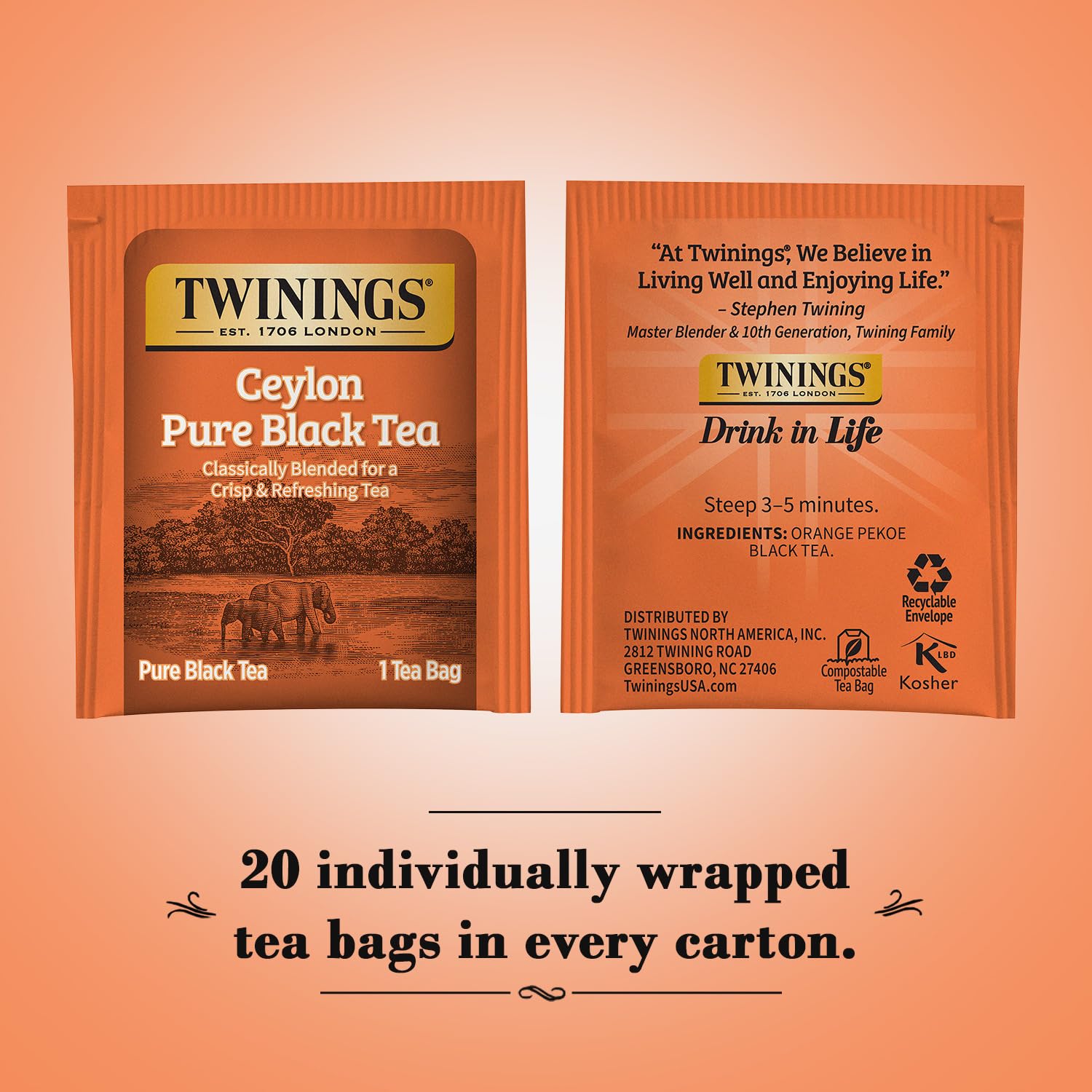 Twinings Ceylon Pure Black Tea - A Crisp, Refreshing Black Tea, Formerly Orange Pekoe, Caffeinated Tea Bags, Individually Wrapped, 20 Count (Pack of 2)