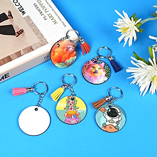HTVRONT Sublimation Keychain Blanks Bulk - 120Pcs Sublimation Blanks Keychain with Blue Protective Film - MDF Round Keychain with Tassels - Heat Transfer Keychain Blanks Double Sided