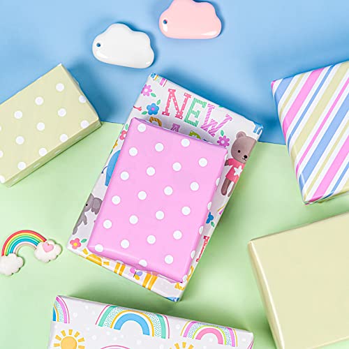 WRAPAHOLIC Reversible Baby Shower Wrapping Paper - Mini Roll - 3 Rolls - 17 Inch X 120 Inch Per Roll - Solid Green, Polka Dot, Stripes, Rainbows, Cute Animals & New Baby Lettering