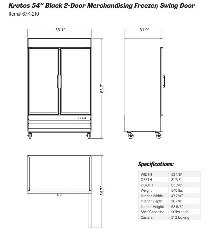 Kratos Commercial Freezer Display Merchandiser - 2 Self Closing Swing Doors, 53"W, Black (67K-210)