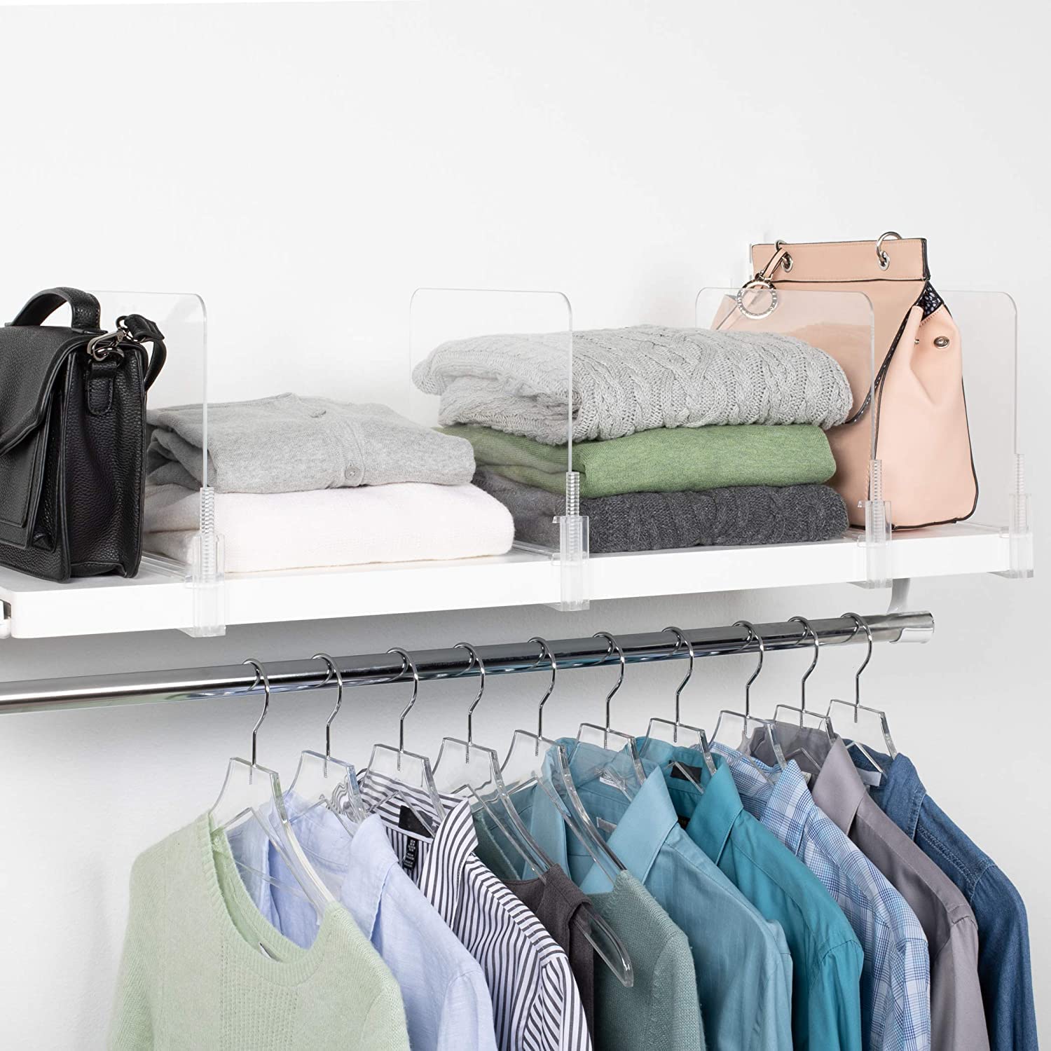 Richards Homewares Acrylic Shelf dividers 2 Pack- Closet Organizer and Storage for Purses, Sweaters, Clothes or Books - Clear Separators for Bedroom Kitchen Cabinets or Office Shelves