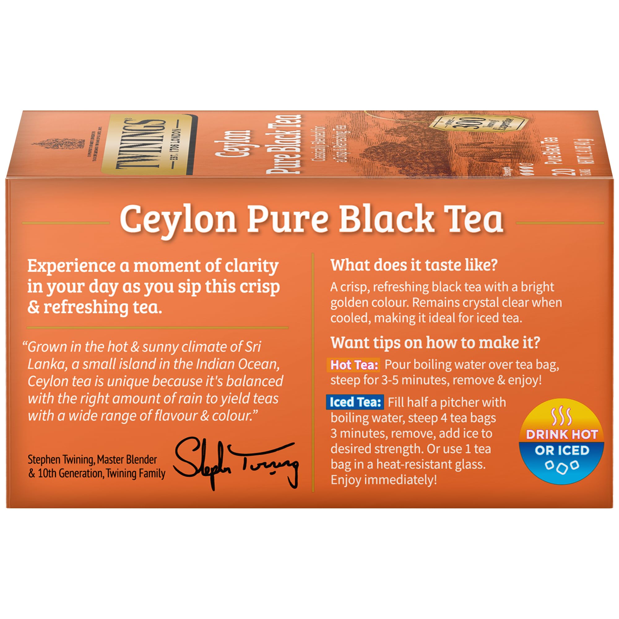 Twinings Ceylon Pure Black Tea - A Crisp, Refreshing Black Tea, Formerly Orange Pekoe, Caffeinated Tea Bags, Individually Wrapped, 20 Count (Pack of 2)