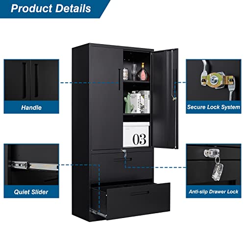 PEUKC 2-Drawer Metal File Cabinet, Lateral Vertical Filing Cabinets for Home Office, Locking File Cabinet with Storage Shelves, Legal/Letter/A4 Size Offcie File Cabinet, (Black, Assemble Required)