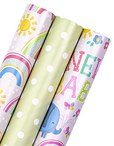 WRAPAHOLIC Reversible Baby Shower Wrapping Paper - Mini Roll - 3 Rolls - 17 Inch X 120 Inch Per Roll - Solid Green, Polka Dot, Stripes, Rainbows, Cute Animals & New Baby Lettering