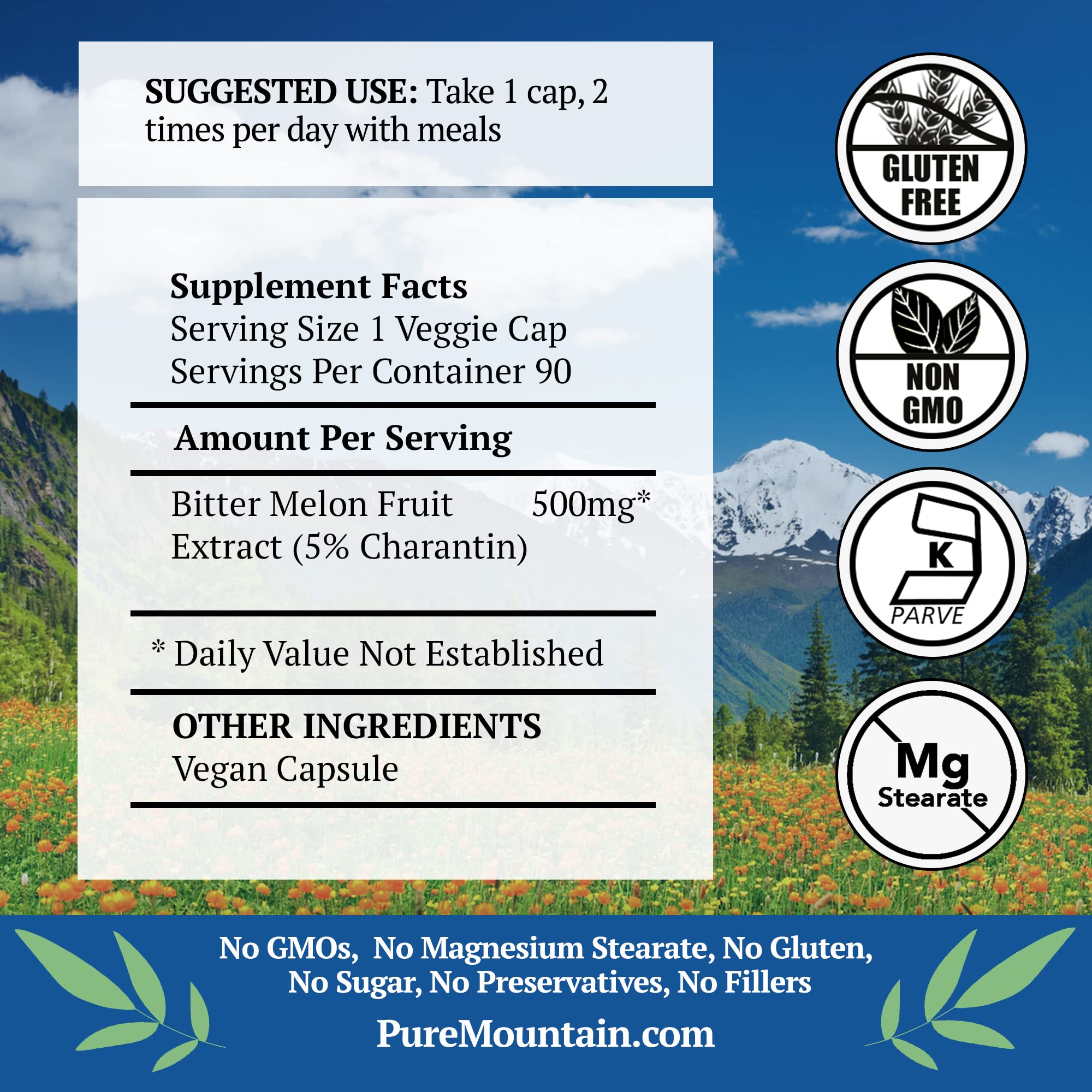 Pure Mountain Botanicals Bitter Melon Capsules - Kosher Vegan Caps with 500mg Bitter Melon Extract Supplement