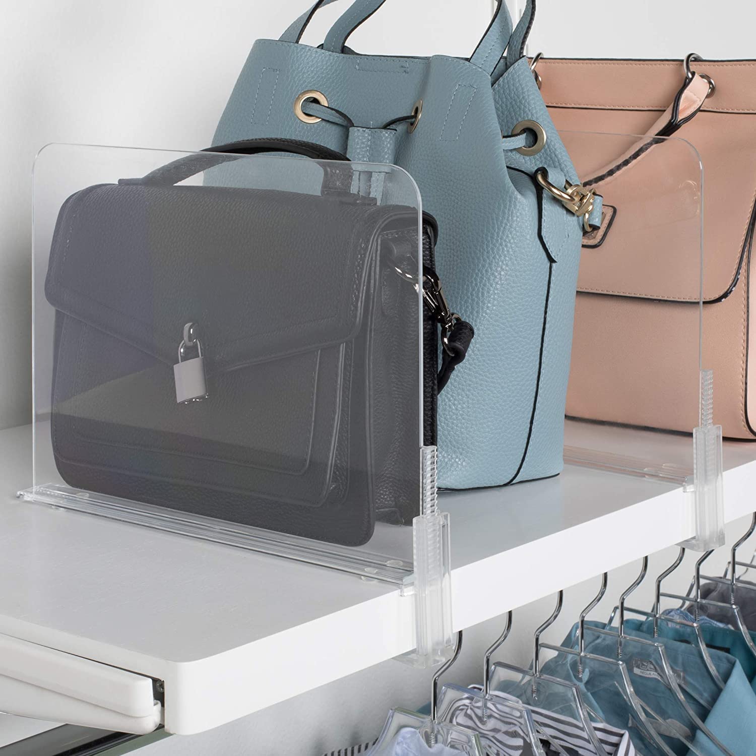 Richards Homewares Acrylic Shelf dividers 2 Pack- Closet Organizer and Storage for Purses, Sweaters, Clothes or Books - Clear Separators for Bedroom Kitchen Cabinets or Office Shelves
