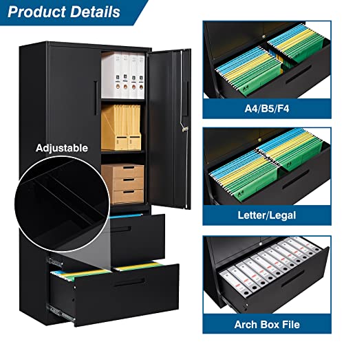 PEUKC 2-Drawer Metal File Cabinet, Lateral Vertical Filing Cabinets for Home Office, Locking File Cabinet with Storage Shelves, Legal/Letter/A4 Size Offcie File Cabinet, (Black, Assemble Required)
