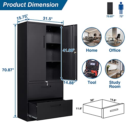 PEUKC 2-Drawer Metal File Cabinet, Lateral Vertical Filing Cabinets for Home Office, Locking File Cabinet with Storage Shelves, Legal/Letter/A4 Size Offcie File Cabinet, (Black, Assemble Required)