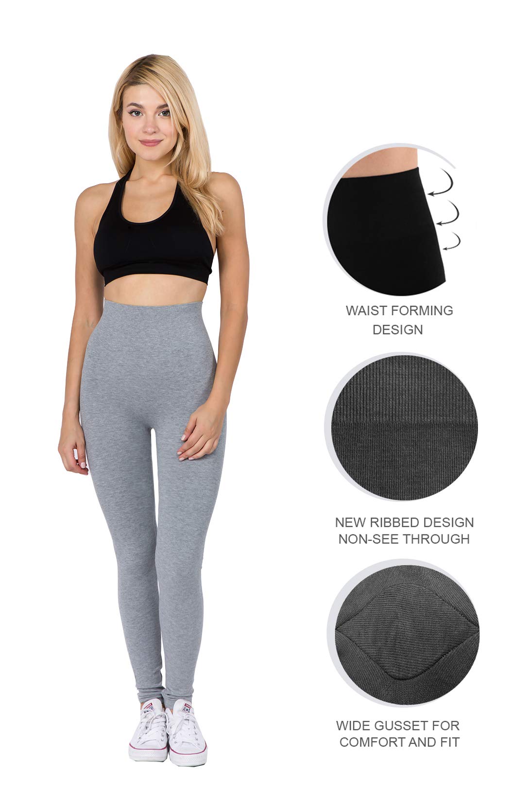 AEKO Women's Yoga Pants Soft Cotton Blend High Waist Workout Leggings (S/M USA 2-6, LHW010N-L.Gry)