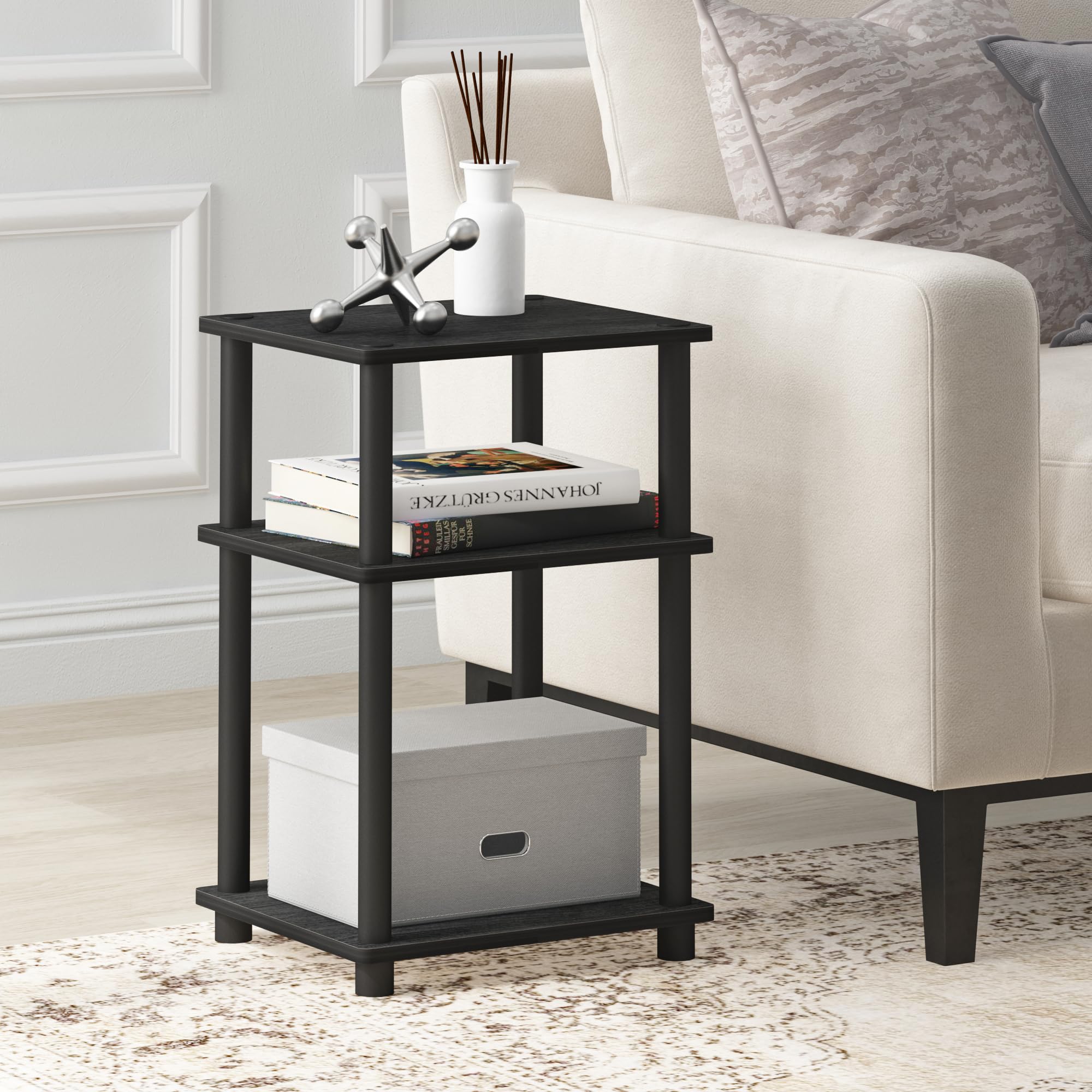 Furinno Just 3-Tier Turn-N-Tube End Table / Side Table / Night Stand / Bedside Table with Plastic Poles, 2-Pack, Americano/Black