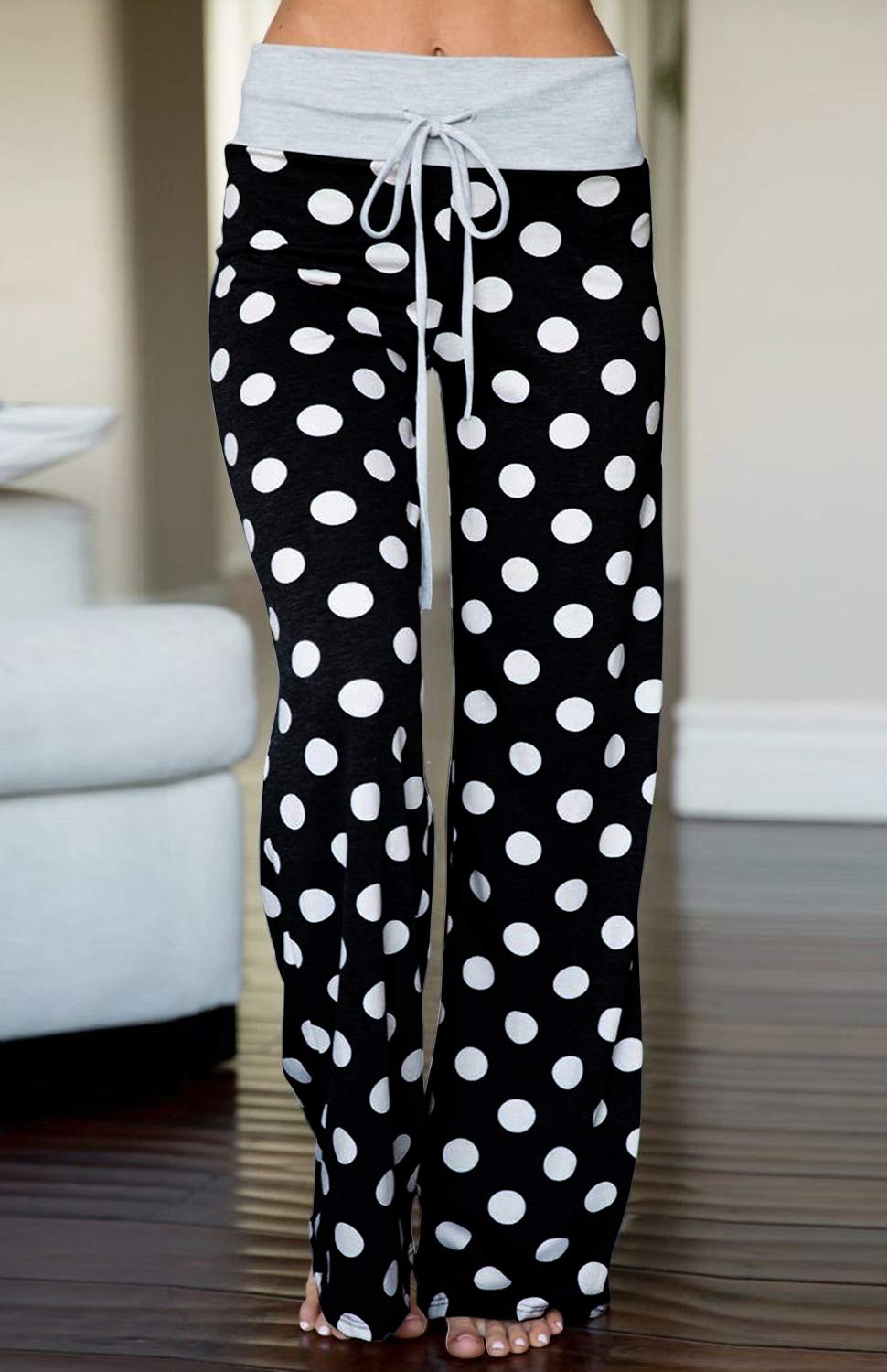 AMiERY Womens High Waisted Pants Soft Stretch Sleep Polka Dot Juniors Pants Pajamas Bottoms Wide Leg Pants Joggers Lounge Palazzo Pants Black S