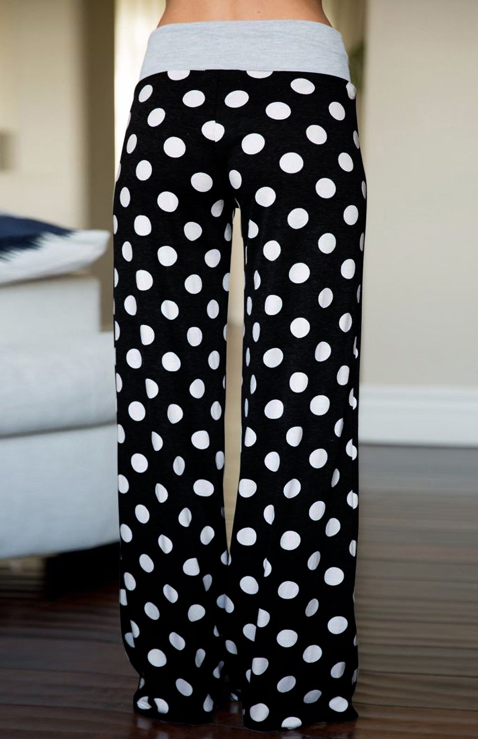 AMiERY Womens High Waisted Pants Soft Stretch Sleep Polka Dot Juniors Pants Pajamas Bottoms Wide Leg Pants Joggers Lounge Palazzo Pants Black S