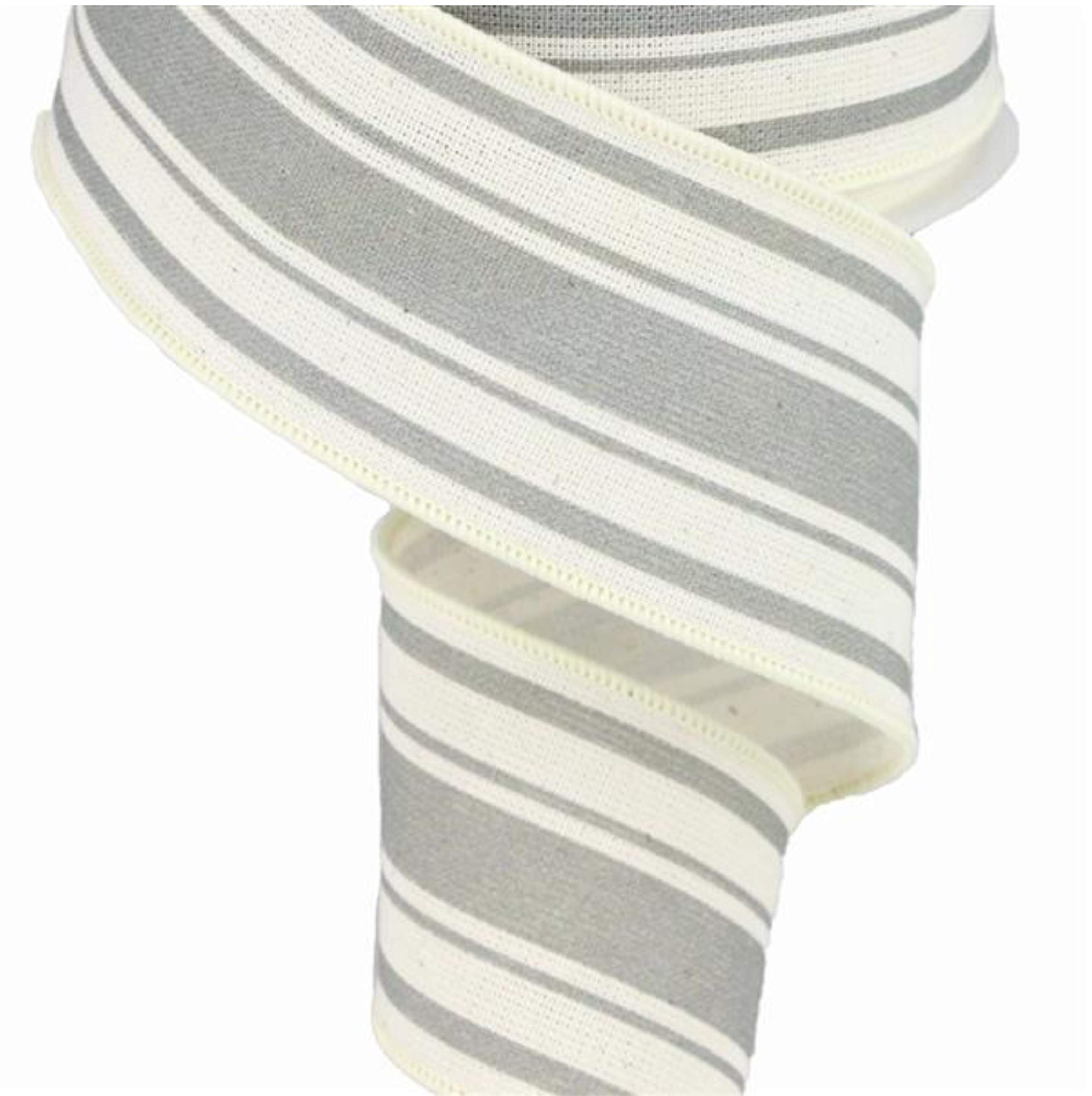 Craig Bachman Cotton Wired Edge Striped Ribbon - 2.5 Inch x 10 Yard (Ivory, Cool Grey) - Holidays & Special Occasions