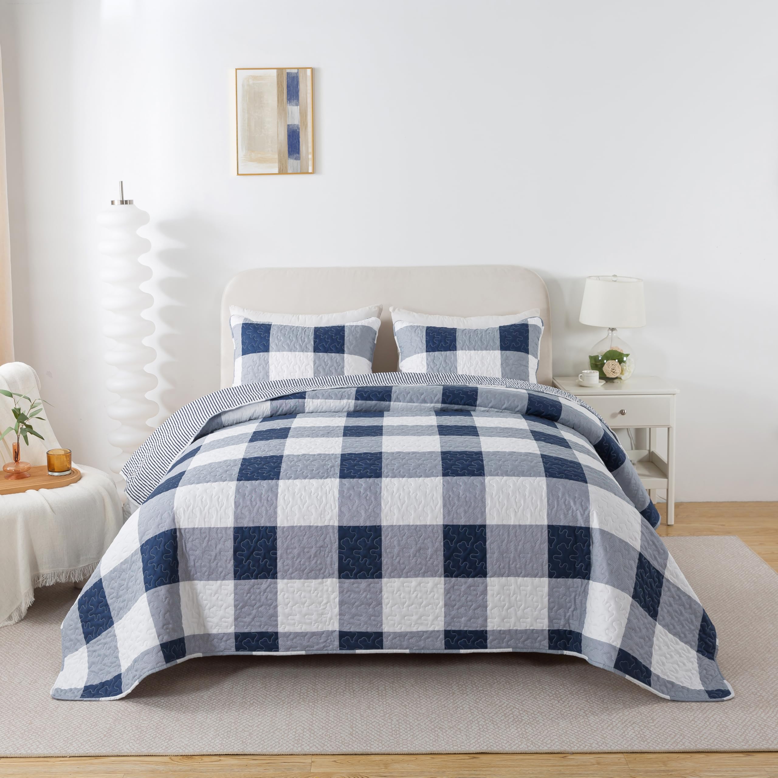 Soul & Lane Checks and Stripes Quilts Set - King Size with 2 Shams, Blue and White Buffalo Plaid Quilted Bedspread, Lightweight Navy Checkered Gingham Bedding, Cozy Lodge-Style Check Design