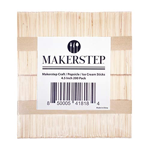 Makerstep 200 Natural Wood Craft, Popsicle Sticks for Crafts 4.5 Inch, Waxing Spatulas, Epoxy Resin Stirring, Ice Cream Candy Making and Garden Markers. Smooth, Splinter-Free, Wooden Wax Sticks