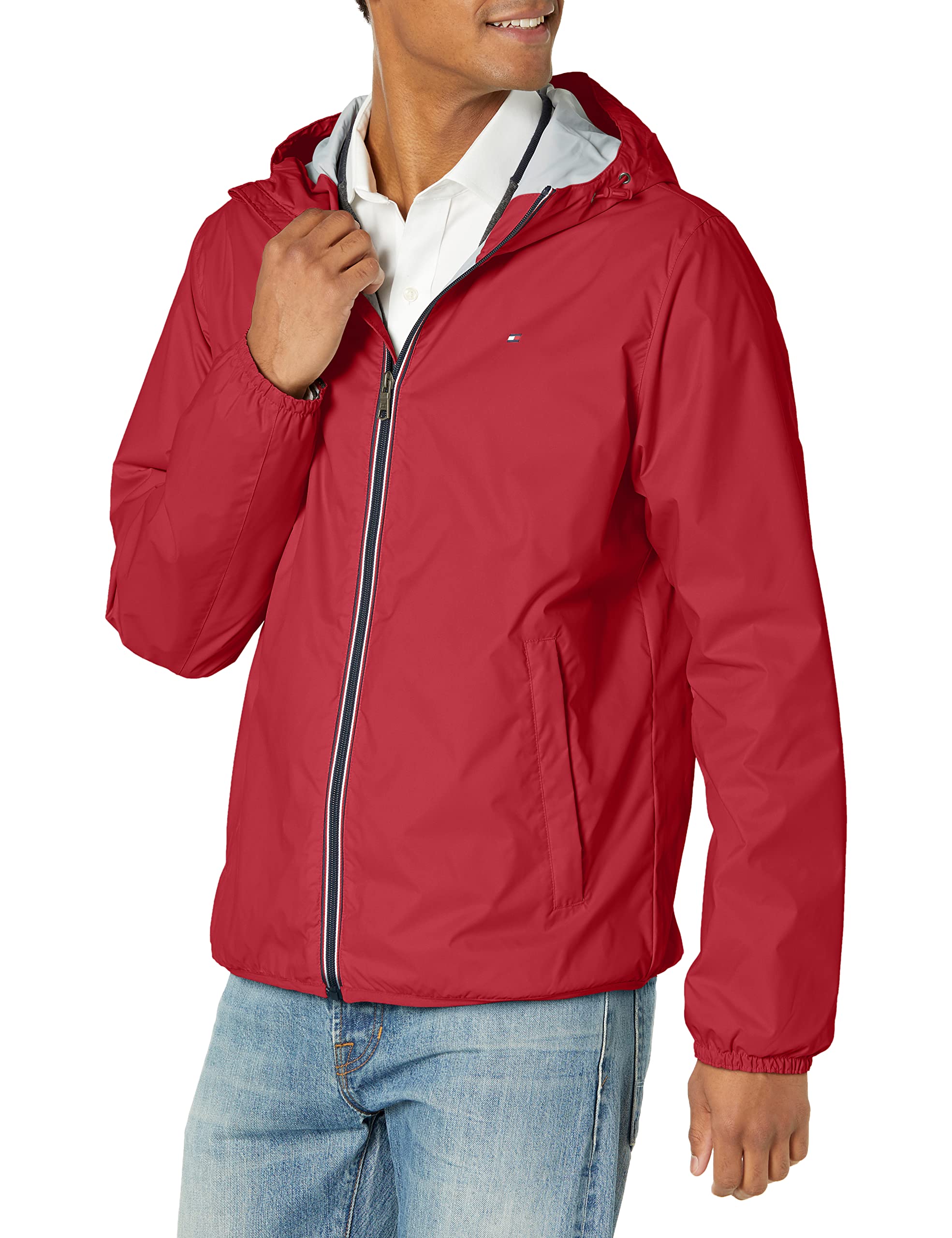 Tommy Hilfiger Men's Lightweight Active Water Resistant Hooded Rain Jacket, Red, XX-Large