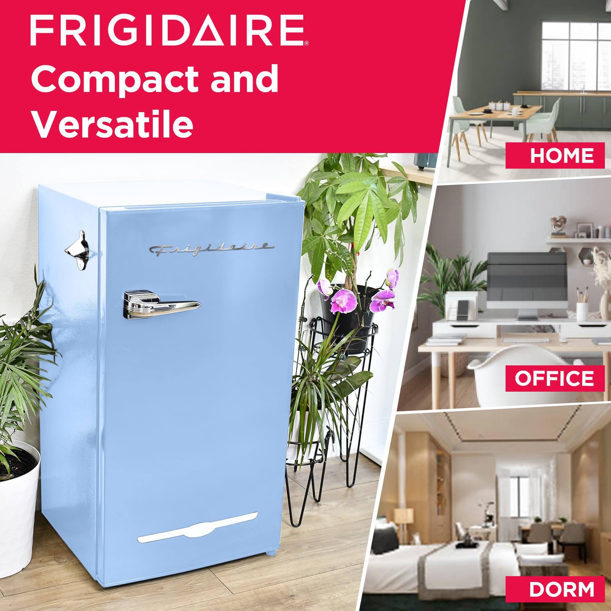 Frigidaire Retro Compact Fridge with Chiller, 3.2 cu ft Countertop Fridge with Built-In Bottle Opener, Compact Refrigerator for Office, Bedroom, Dorm Room or Cabin - 16.5" D x 19" W x 31" H (Blue)