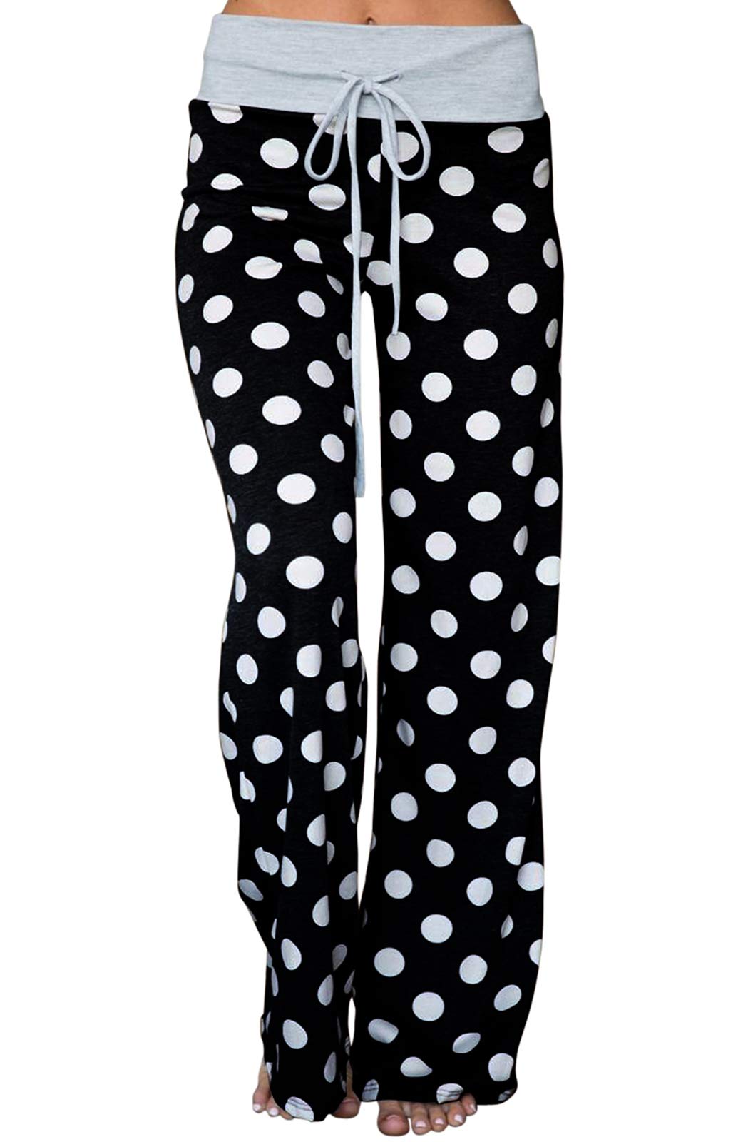AMiERY Womens High Waisted Pants Soft Stretch Sleep Polka Dot Juniors Pants Pajamas Bottoms Wide Leg Pants Joggers Lounge Palazzo Pants Black S