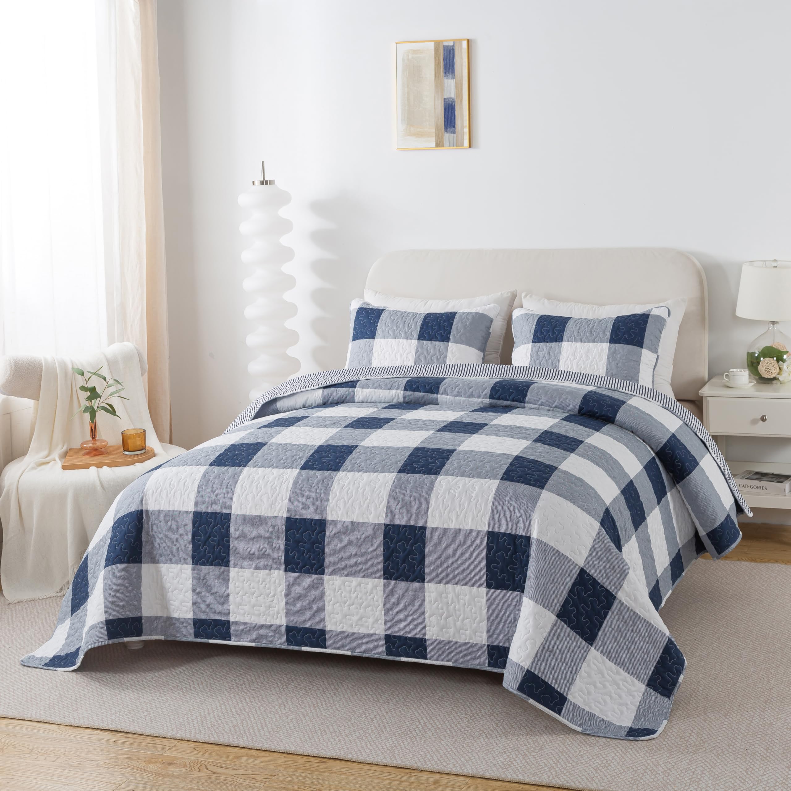 Soul & Lane Checks and Stripes Quilts Set - King Size with 2 Shams, Blue and White Buffalo Plaid Quilted Bedspread, Lightweight Navy Checkered Gingham Bedding, Cozy Lodge-Style Check Design