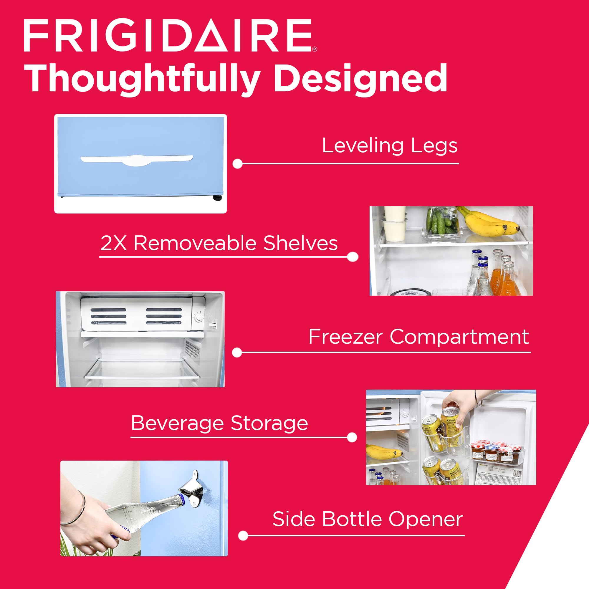 Frigidaire Retro Compact Fridge with Chiller, 3.2 cu ft Countertop Fridge with Built-In Bottle Opener, Compact Refrigerator for Office, Bedroom, Dorm Room or Cabin - 16.5" D x 19" W x 31" H (Blue)