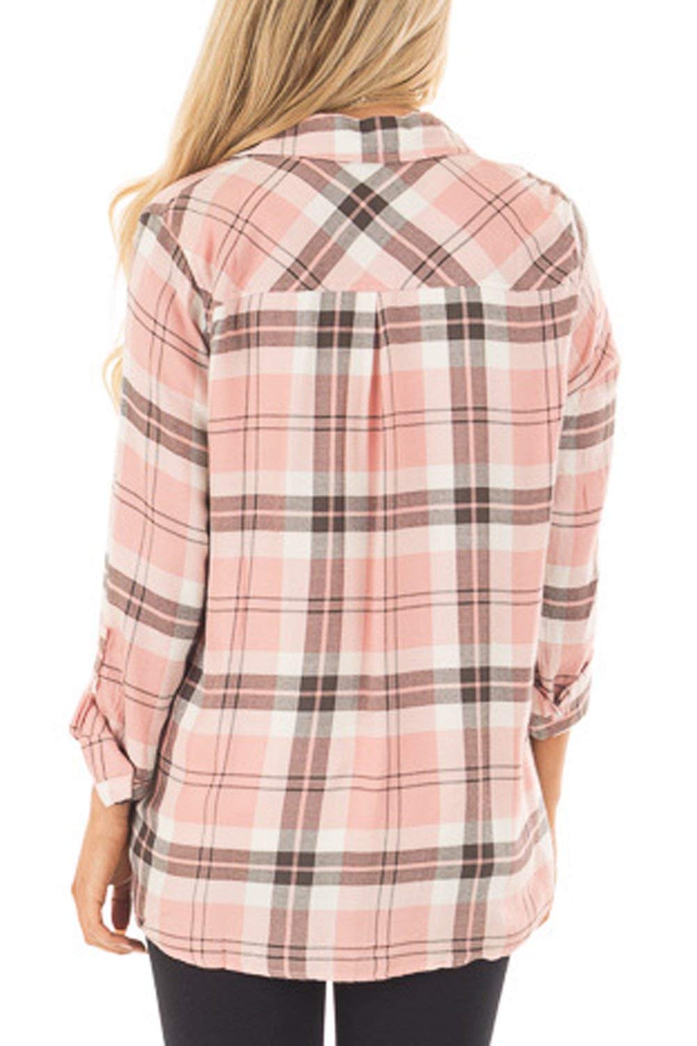NUOREEL Womens Casual Plaid Soft Button Down Tops Roll Up Long Sleeve Cuffed Blouse Shirts (Large, Pink)