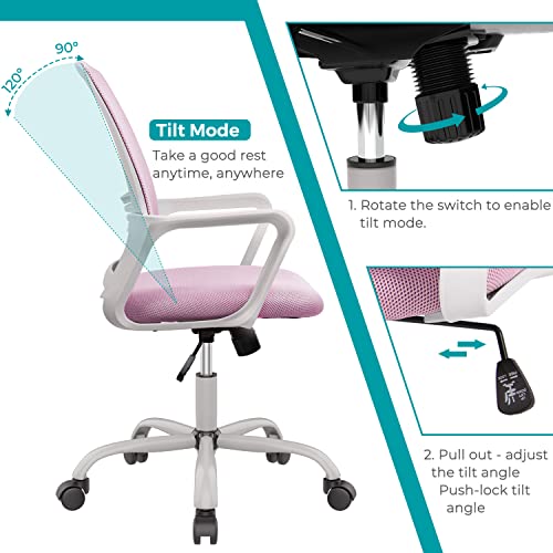Office Chair Desk Chair Home Office Computer Chair with Wheels Mesh Office Chair with Lumbar Support, Mid Back Ergonomic Office Desk Chair with Armrests Adjustable Work Chairs, Pink