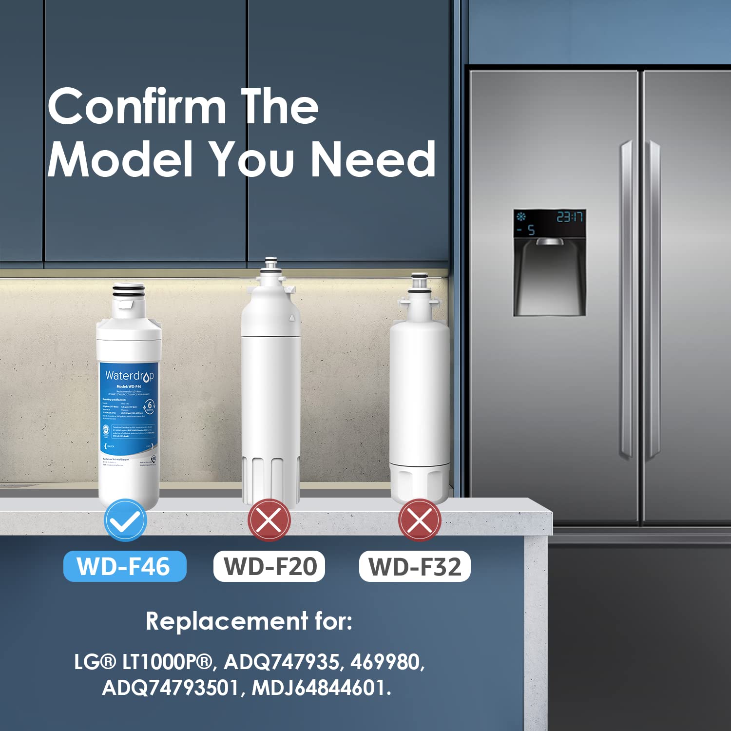 Waterdrop LT1000PC ADQ747935 MDJ64844601 Refrigerator Water Filter, Replacement for LG® LT1000P®, ADQ74793501, ADQ74793502, 46-9980, 9980, LFXC24796S, LSFXC2496D, NSF Certified