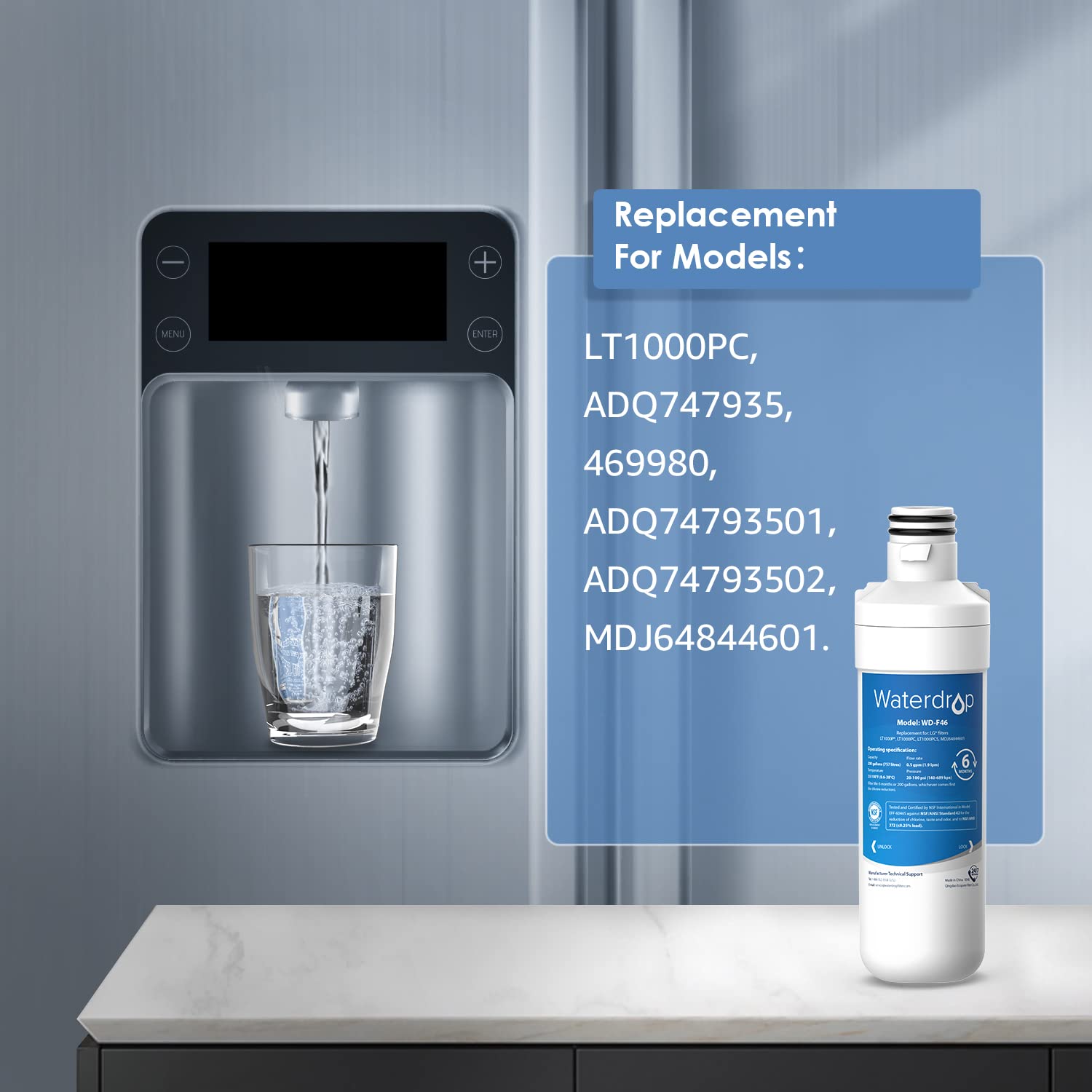 Waterdrop LT1000PC ADQ747935 MDJ64844601 Refrigerator Water Filter, Replacement for LG® LT1000P®, ADQ74793501, ADQ74793502, 46-9980, 9980, LFXC24796S, LSFXC2496D, NSF Certified
