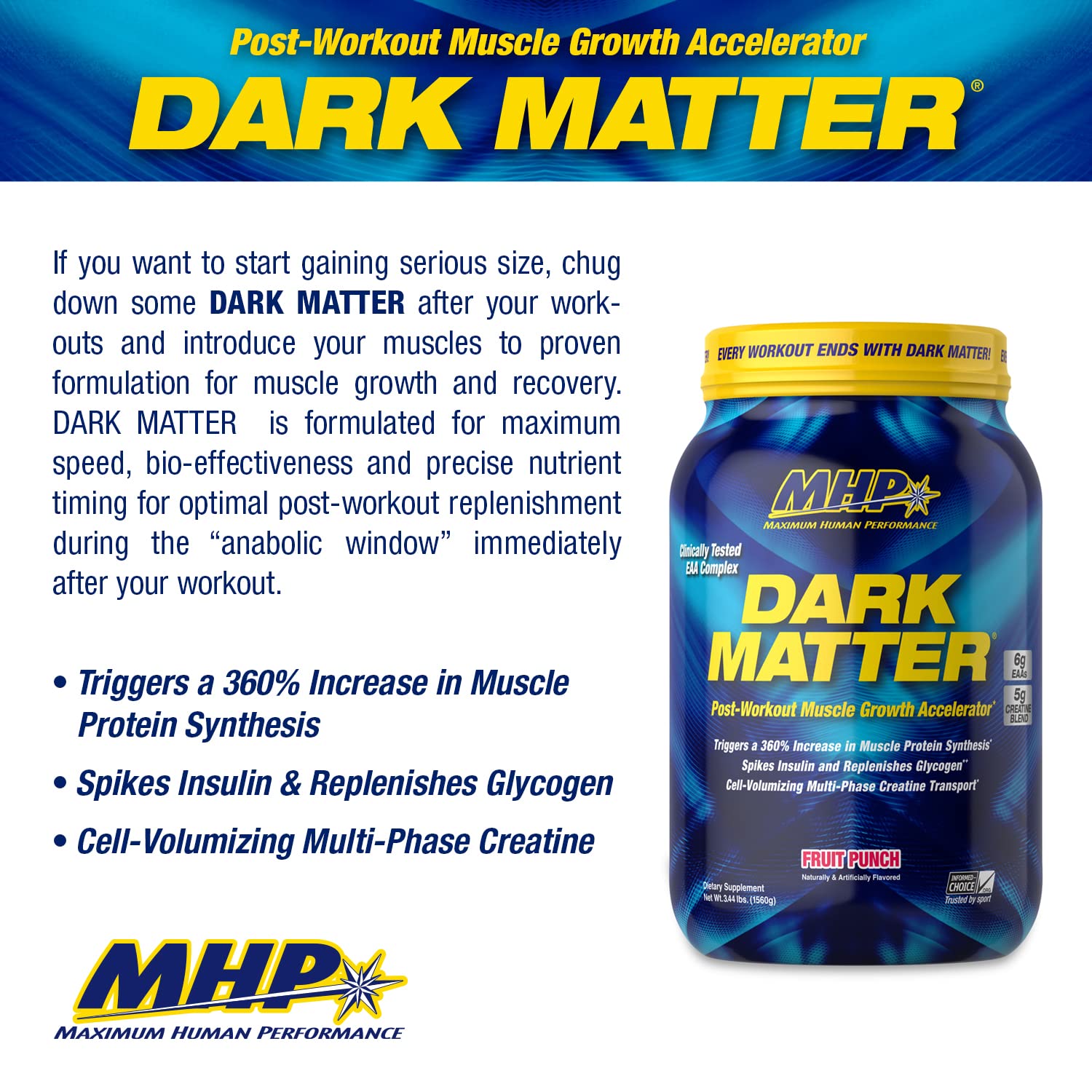 MHP Dark Matter Post Workout, Recovery Accelerator, w/Multi Phase Creatine, Waxy Maize Carbohydrate, 6g EAAs, Fruit Punch, 20 Servings, 55 Oz
