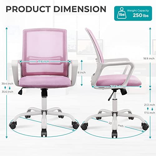 Office Chair Desk Chair Home Office Computer Chair with Wheels Mesh Office Chair with Lumbar Support, Mid Back Ergonomic Office Desk Chair with Armrests Adjustable Work Chairs, Pink