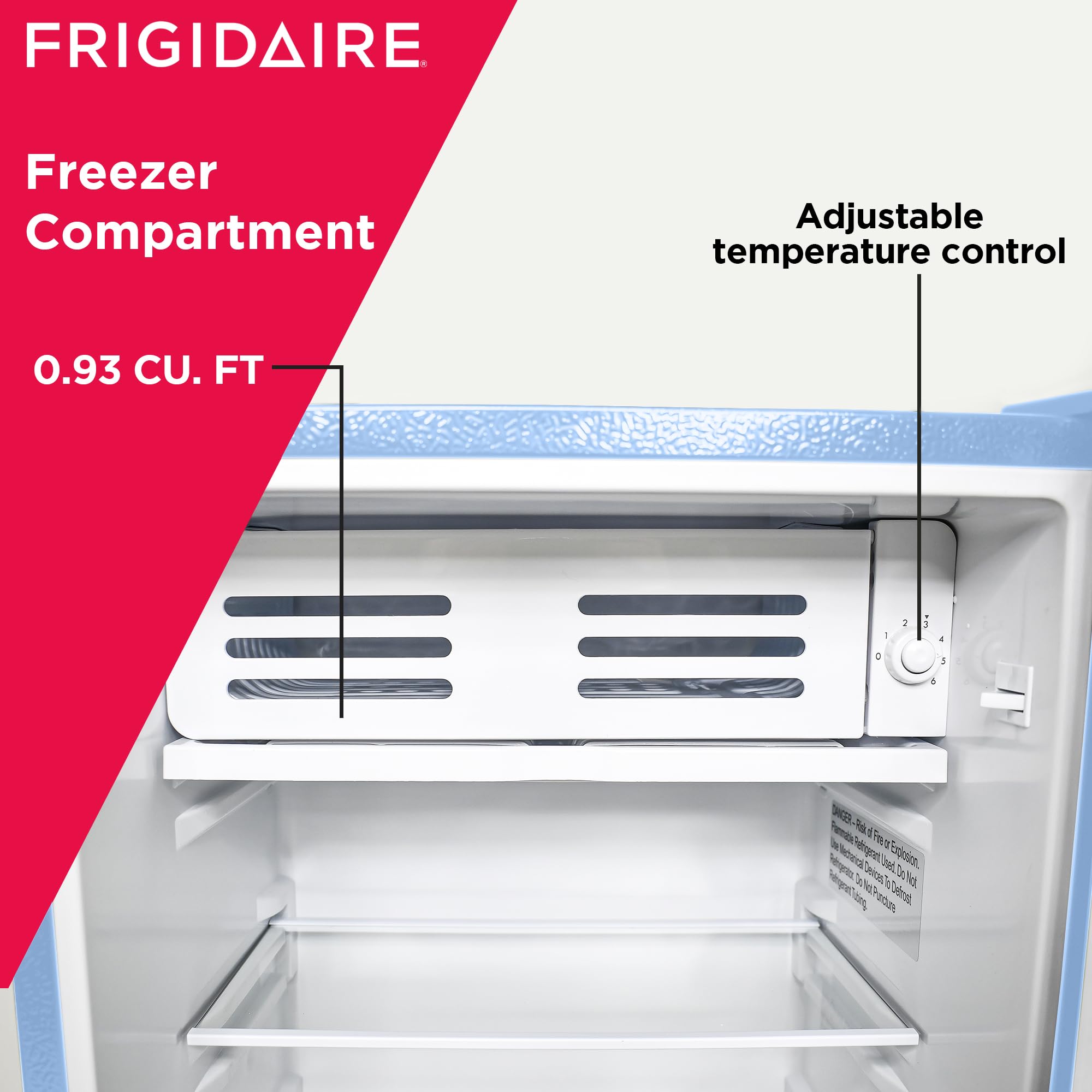 Frigidaire Retro Compact Fridge with Chiller, 3.2 cu ft Countertop Fridge with Built-In Bottle Opener, Compact Refrigerator for Office, Bedroom, Dorm Room or Cabin - 16.5" D x 19" W x 31" H (Blue)