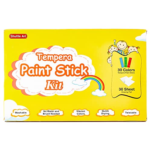 Shuttle Art Tempera Paint Sticks, 31 Pack Solid Tempera Paint Set, 30 Colors with 1 Drawing Pad for Kids, Washable, Super Quick Drying, Works Great on Paper Wood Glass Ceramic Canvas