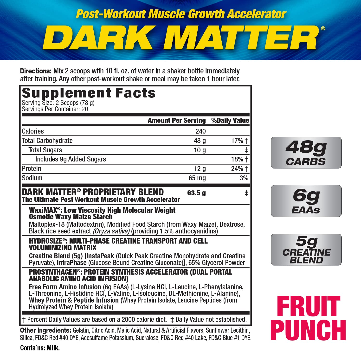 MHP Dark Matter Post Workout, Recovery Accelerator, w/Multi Phase Creatine, Waxy Maize Carbohydrate, 6g EAAs, Fruit Punch, 20 Servings, 55 Oz