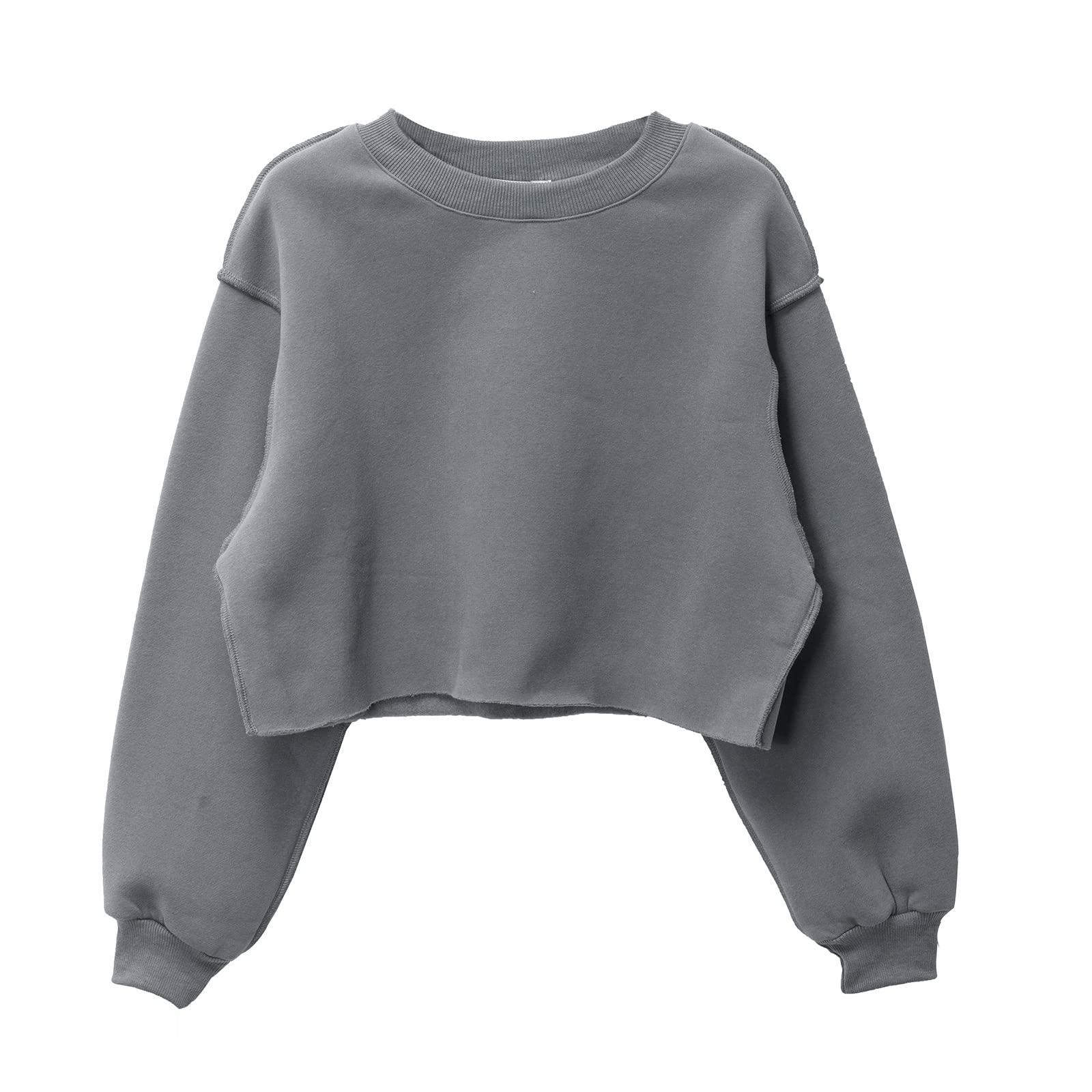 Amazhiyu Women Cropped Sweatshirt Long Sleeves Pullover Fleece Crop Tops Ash, Medium