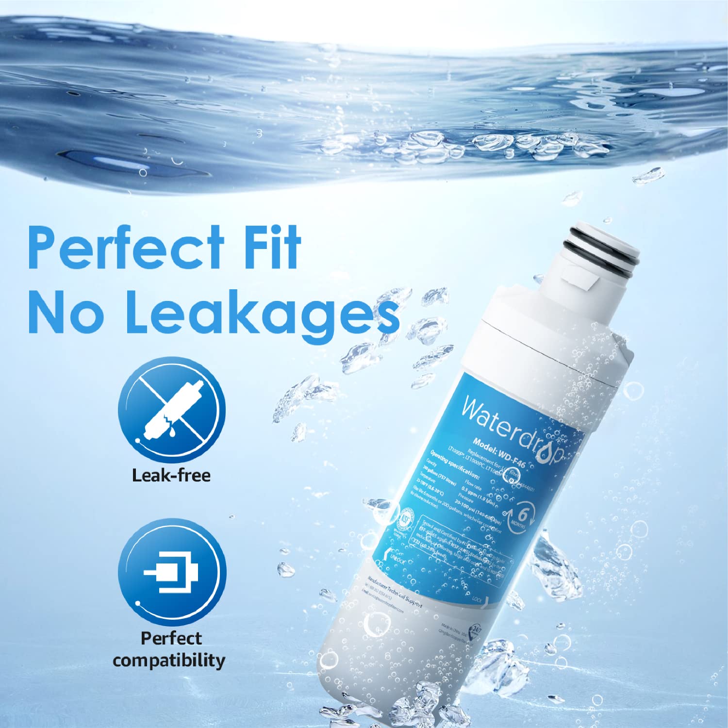 Waterdrop LT1000PC ADQ747935 MDJ64844601 Refrigerator Water Filter, Replacement for LG® LT1000P®, ADQ74793501, ADQ74793502, 46-9980, 9980, LFXC24796S, LSFXC2496D, NSF Certified