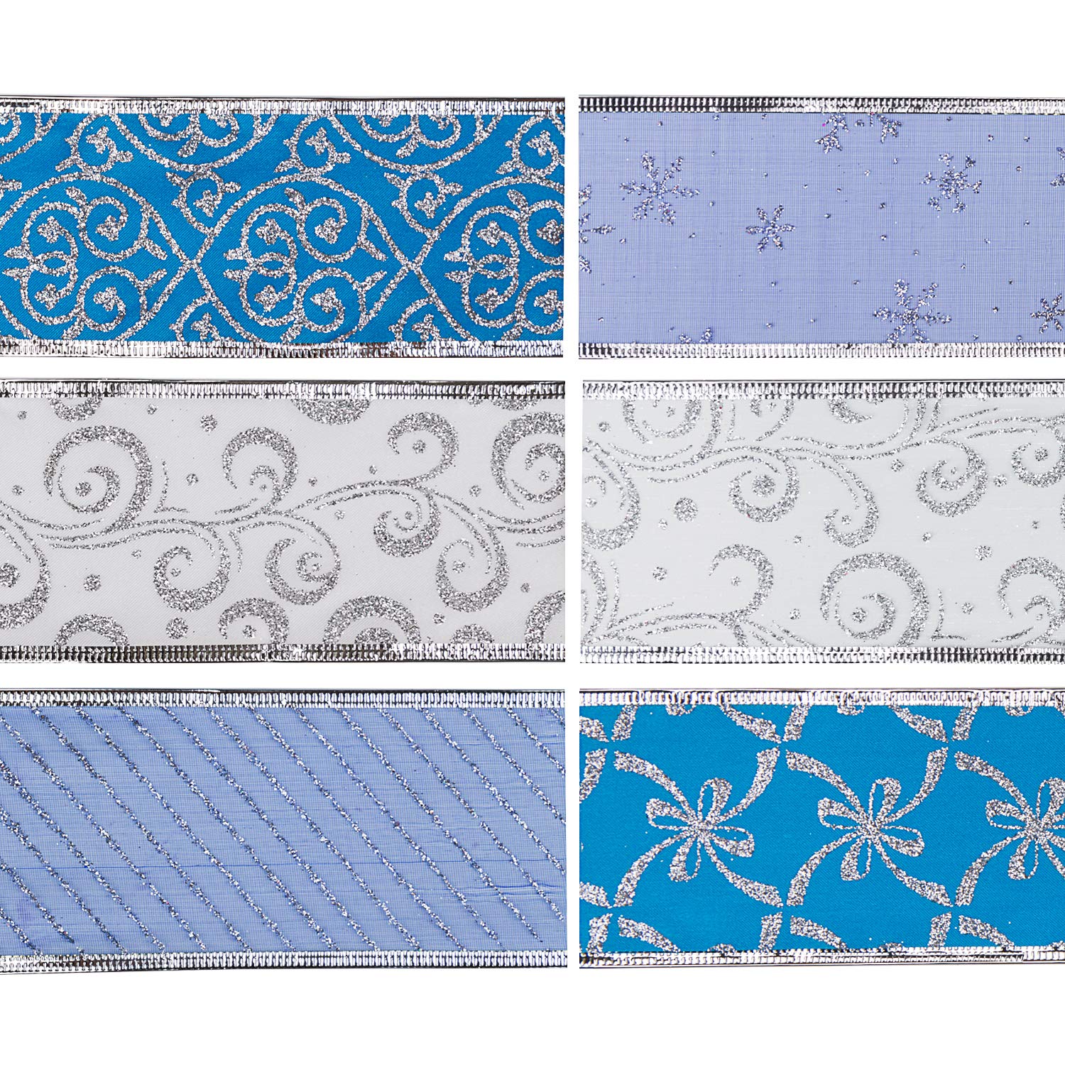 LaRibbons Wired Christmas Holiday Ribbon - 6 Rolls Swirl Sheer Glitter Ribbon - 2.5 inch x 5 Yard Each Roll - Blue/Silver
