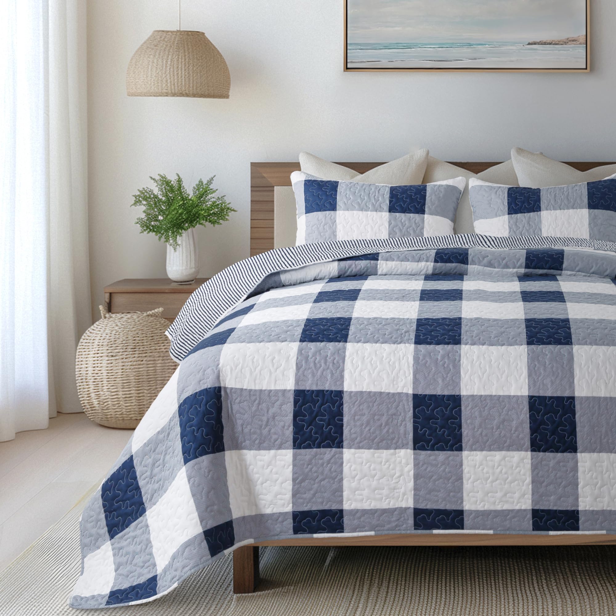 Soul & Lane Checks and Stripes Quilts Set - King Size with 2 Shams, Blue and White Buffalo Plaid Quilted Bedspread, Lightweight Navy Checkered Gingham Bedding, Cozy Lodge-Style Check Design