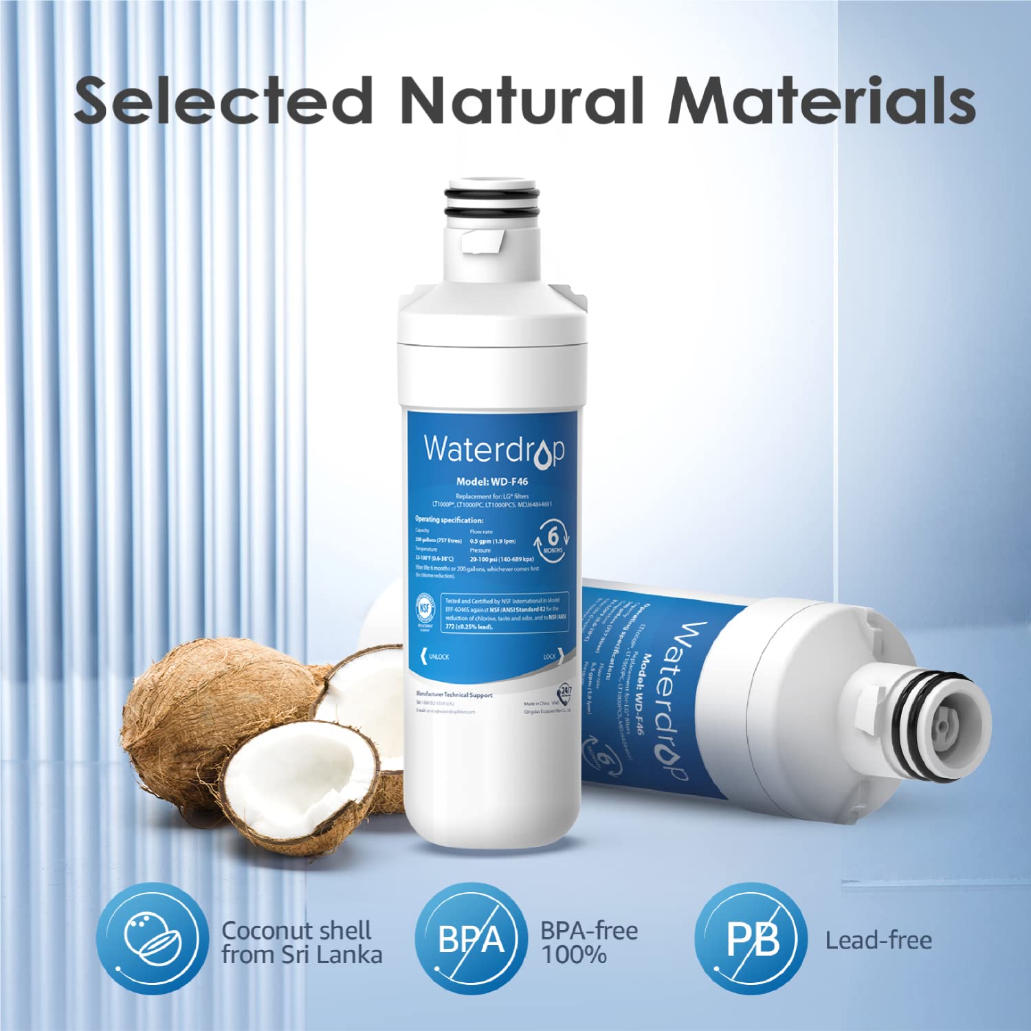 Waterdrop LT1000PC ADQ747935 MDJ64844601 Refrigerator Water Filter, Replacement for LG® LT1000P®, ADQ74793501, ADQ74793502, 46-9980, 9980, LFXC24796S, LSFXC2496D, NSF Certified