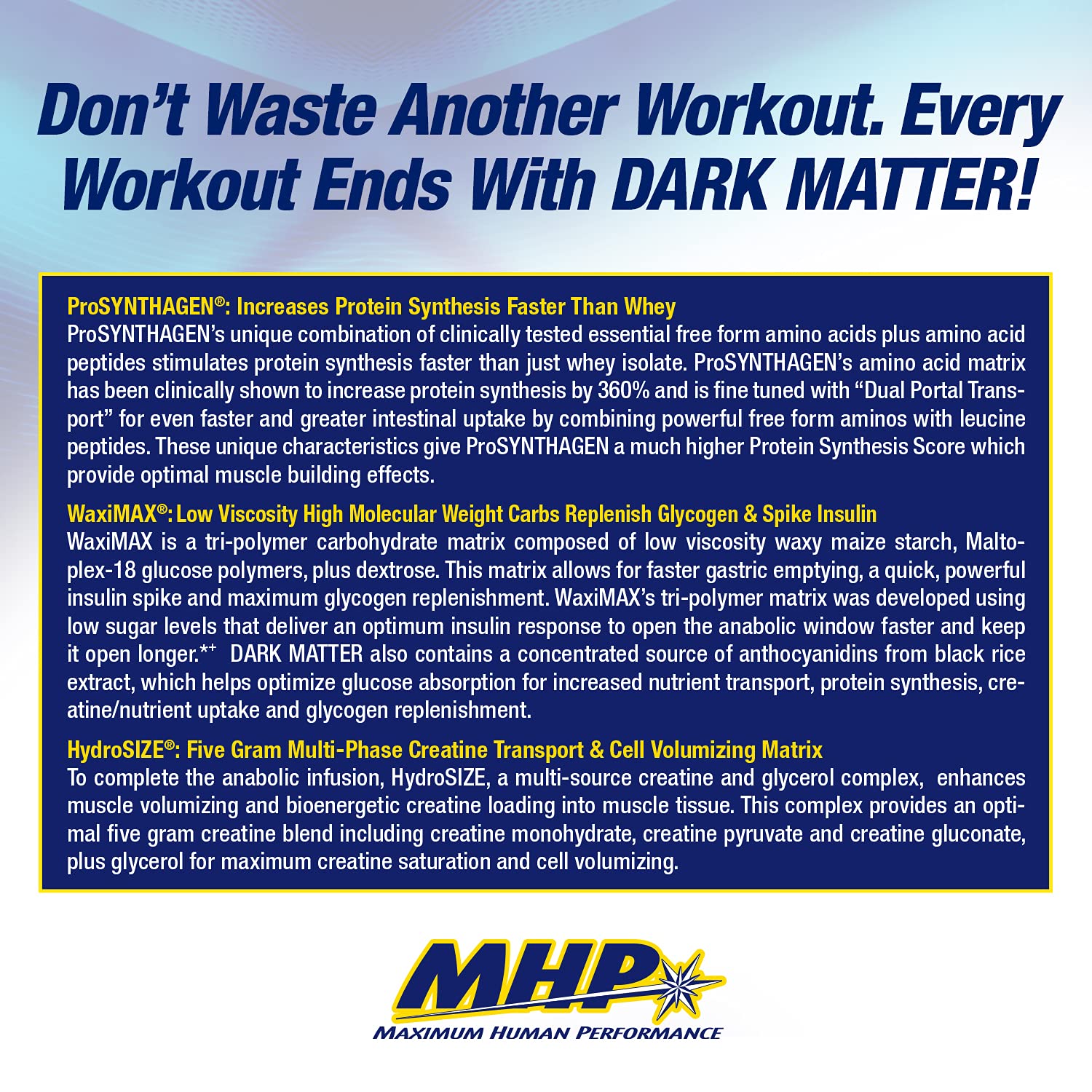 MHP Dark Matter Post Workout, Recovery Accelerator, w/Multi Phase Creatine, Waxy Maize Carbohydrate, 6g EAAs, Fruit Punch, 20 Servings, 55 Oz