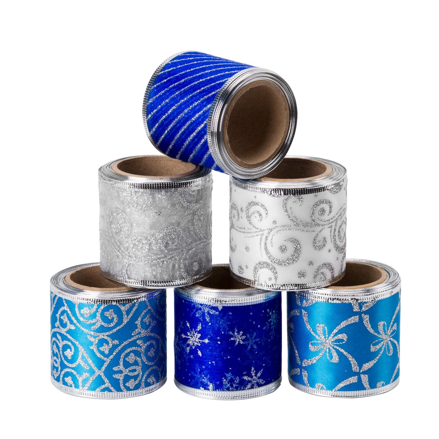 LaRibbons Wired Christmas Holiday Ribbon - 6 Rolls Swirl Sheer Glitter Ribbon - 2.5 inch x 5 Yard Each Roll - Blue/Silver