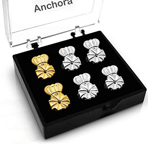 ANCHORA Original Magic Earring Backs for Droopy Ears | Earring Lifters for Heavy Earring | Earing Lifter Backs BAX | Earlobe Secure Clear Miracle (2 Silver 1 Gold)