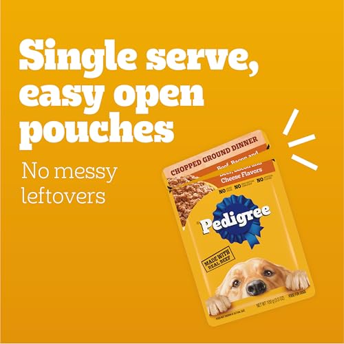 PEDIGREE CHOPPED GROUND DINNER Adult Soft Wet Dog Food, Beef, Bacon & Cheese Flavors, 3.5 oz Pouches, 16 Pack