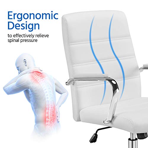 Yaheetech Mid-Back Office Chair with Arms 360° Swivel PU Leather Height Adjustable Office Executive Chair, White