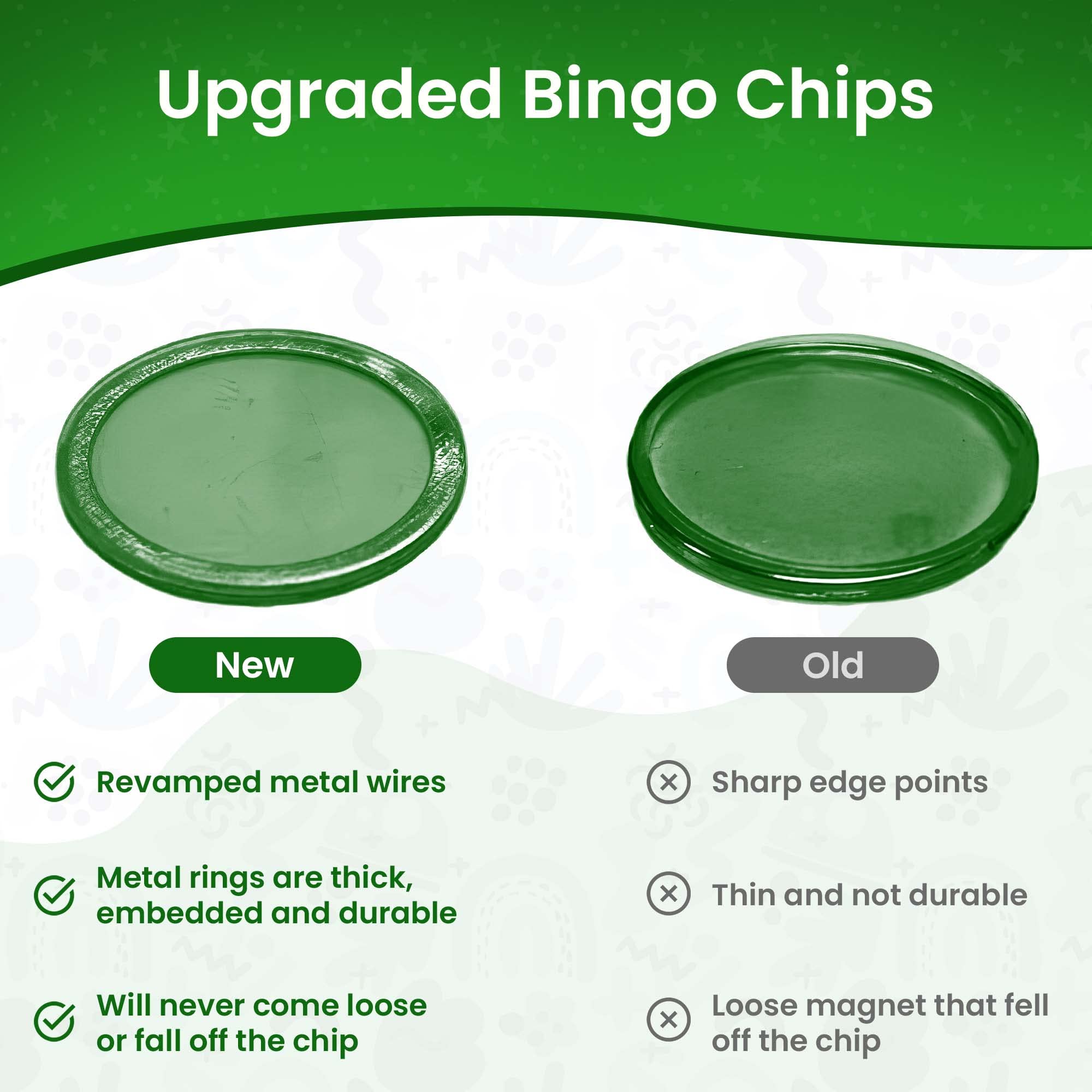 MR CHIPS Magnetic Bingo Chips with Metal Ring 3/4 Inch 200 Upgraded Pieces Green Transparent - Available in 7 Colors A Reusable Storage Bag