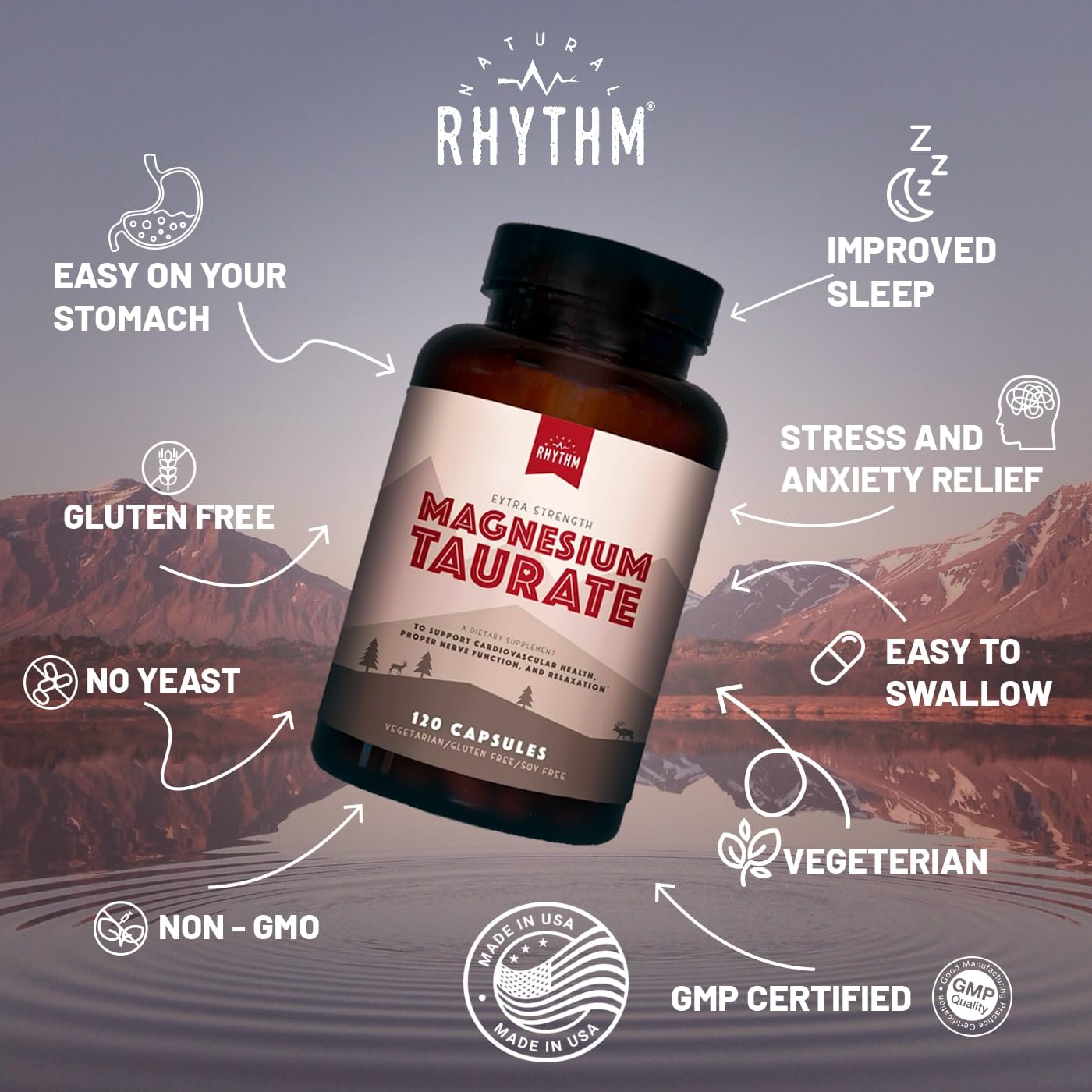 Natural Rhythm Magnesium Taurate, High Absorption Taurate, 750mg (150mg of Elemental Magnesium) 120 Capsules