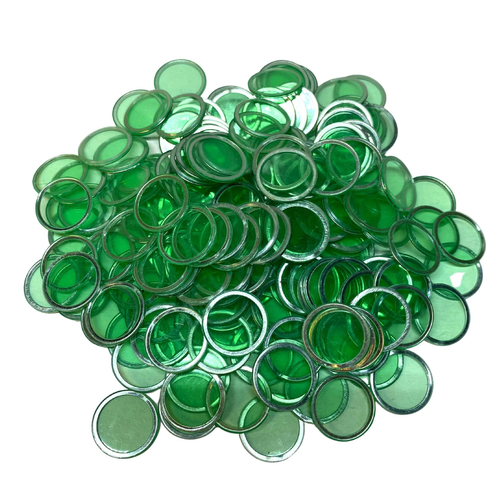 MR CHIPS Magnetic Bingo Chips with Metal Ring 3/4 Inch 200 Upgraded Pieces Green Transparent - Available in 7 Colors A Reusable Storage Bag