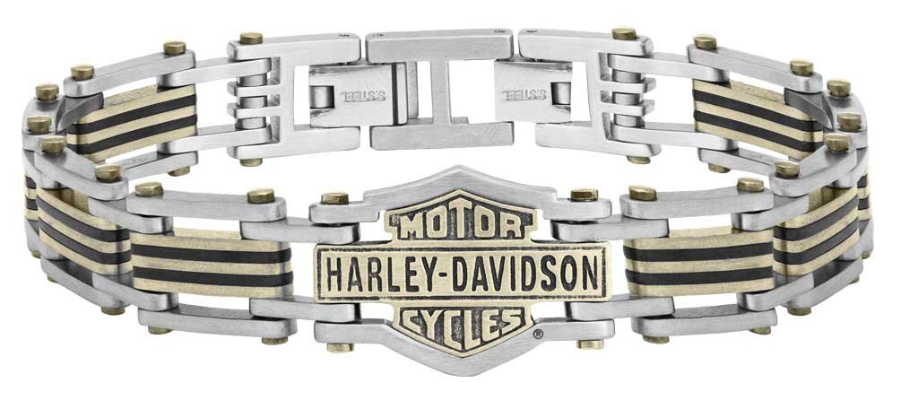 Harley-Davidson Mens Brass & Steel Bar & Shield Chain Bracelet Blk HSB0188 (7.5)